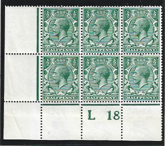 1912-24 SG N1414 Half Penny Blue Green L18 Control Block of 6 u/mint ...